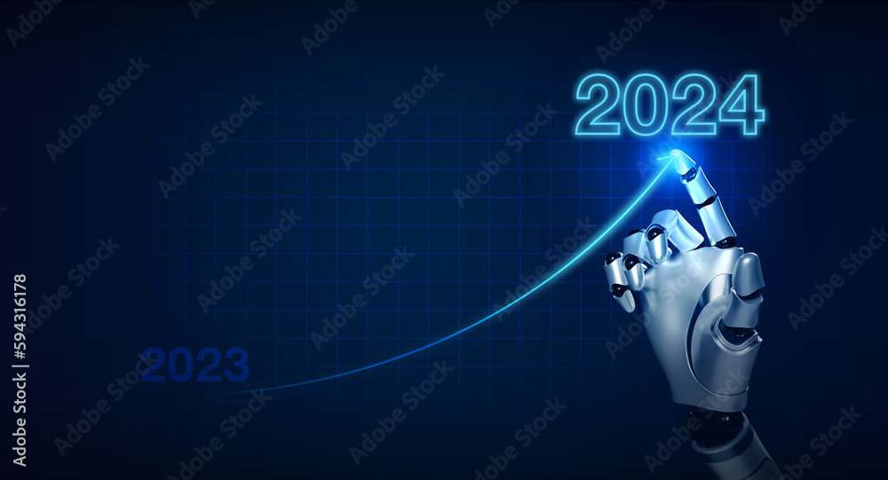 3d rendering AI robot humanoid hand draws rising arrow from 2023 to ...