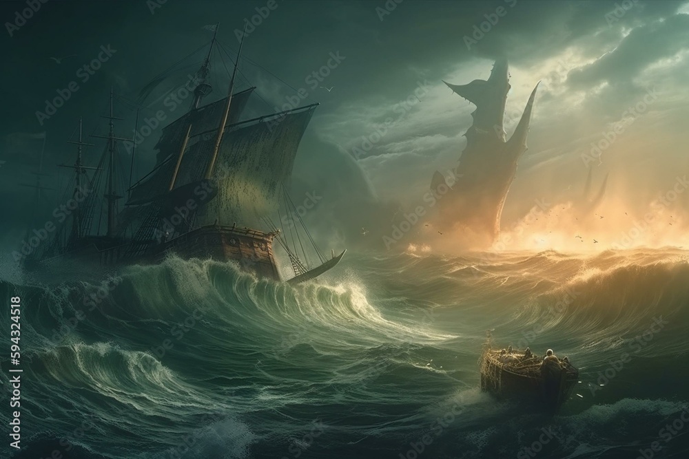 Sea fantasy landscape with a huge whale in the ocean among high waves ...