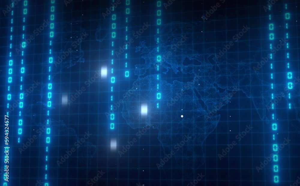 Binary Code Random Number Grid Technology Background on world map.Changing program code from ...