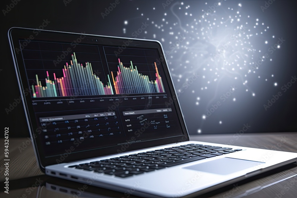 Laptop on a table with analytical data, charts, diagrams, values and ...
