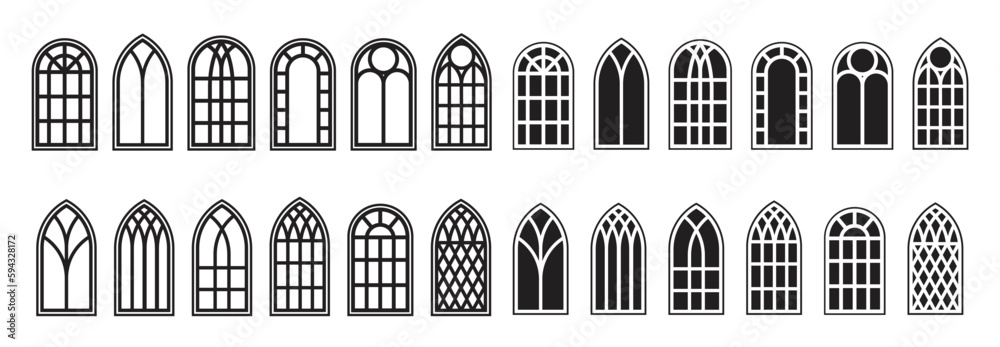 Gothic windows outline set. Silhouette of vintage stained glass church ...