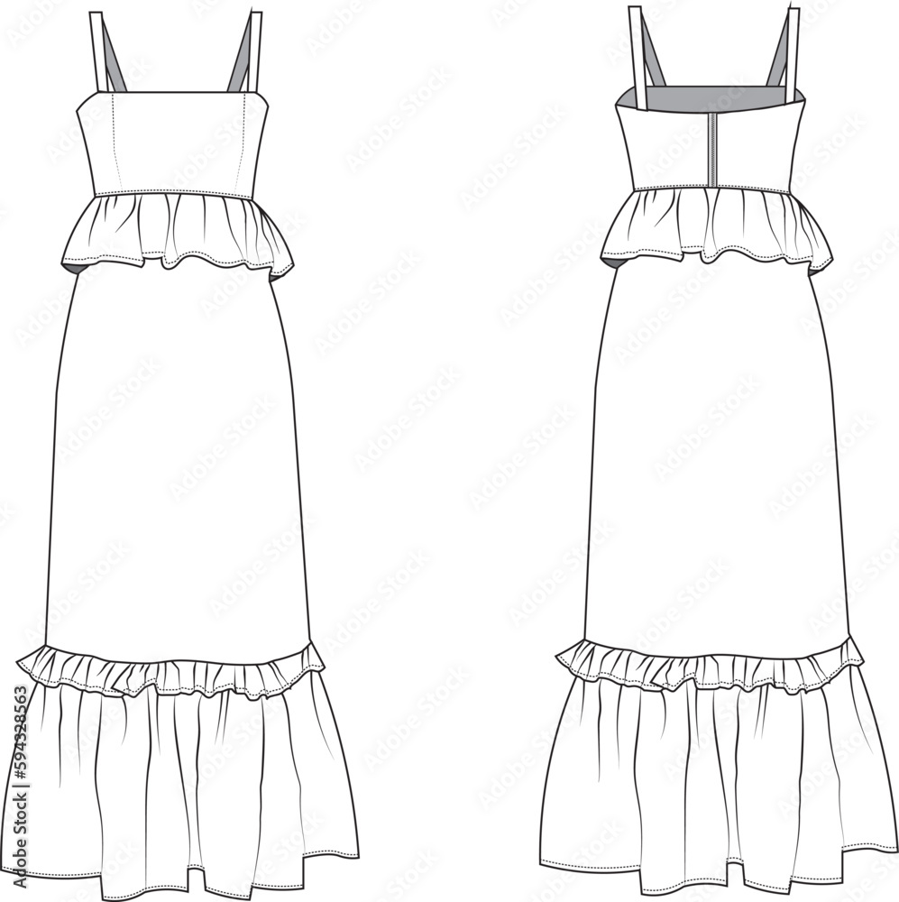 ruffle detailed halter dress flat drawing fashion technical drawing ...