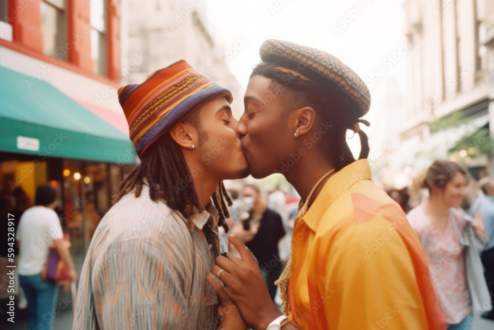 An Interracial Gay Couple Kissing On The Street To Celebrate Lgbtqia