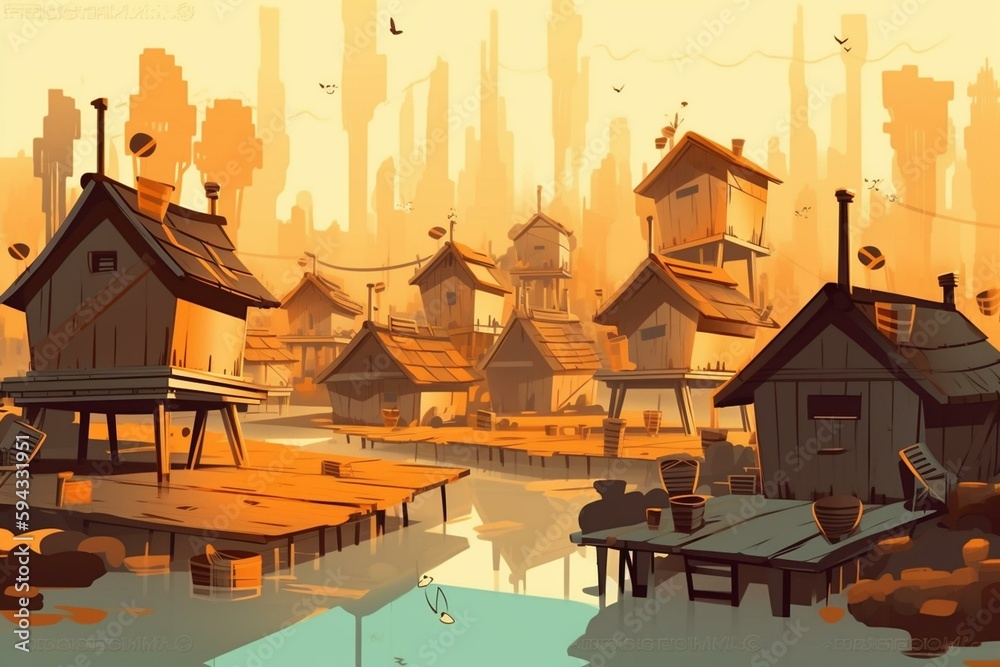 cartoon illustration, a honey bee farm with wooden hives, ai generative ...