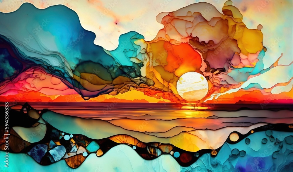 a painting of a sunset over a body of water with clouds and water ...