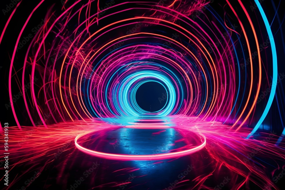 A striking image of a neon vortex, where swirling, neon light trails ...