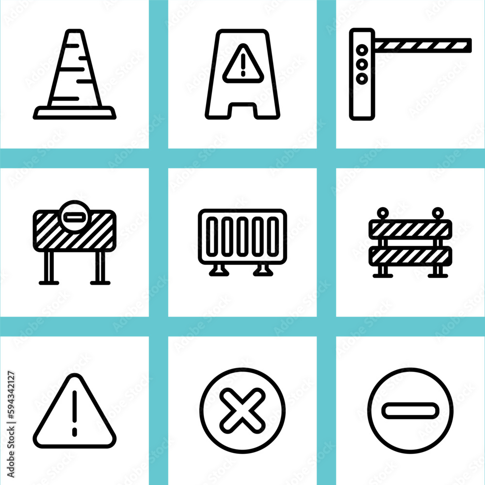 Road block signs. Pedestrian and car barriers on road. Stop signs and ...