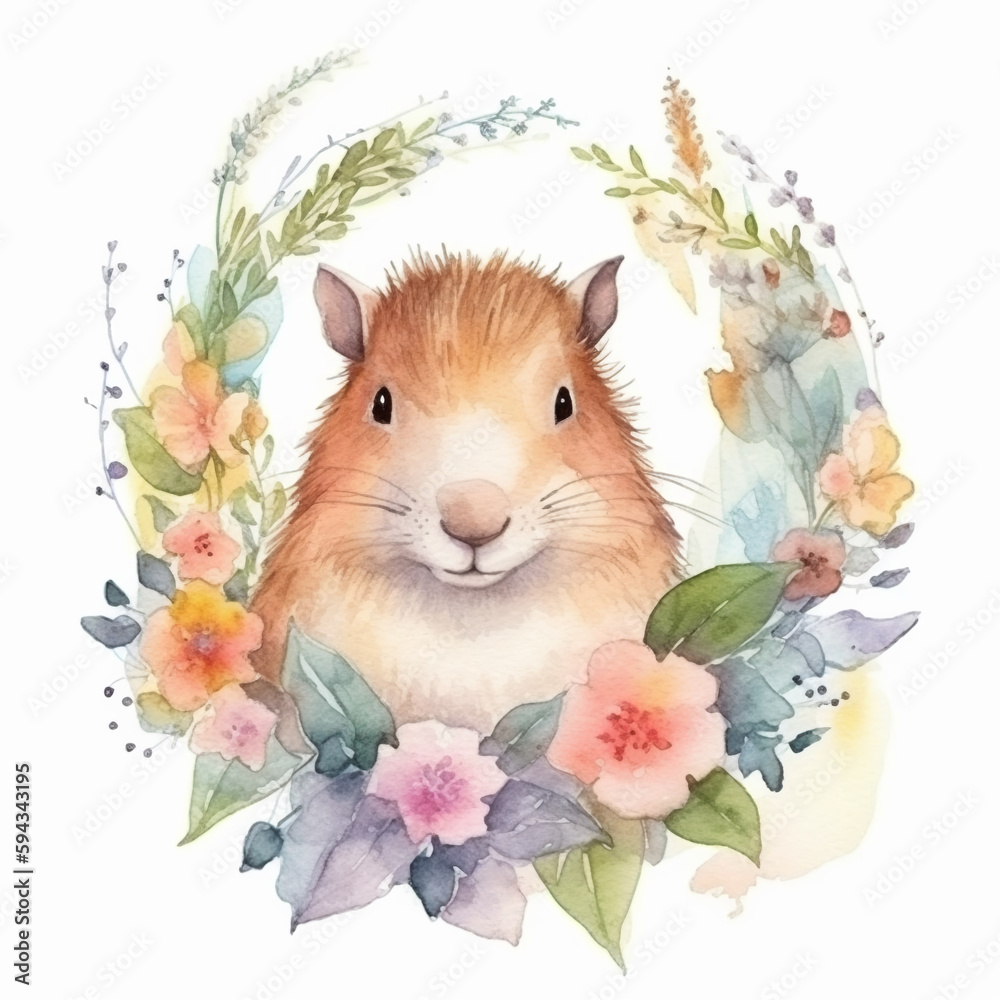 watercolor cute capybara, animal with flower wreath Stock Illustration ...