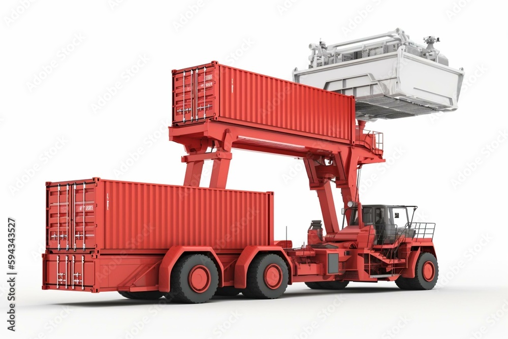 The red reach stacker (loader) lifts and loads a white sea container ...