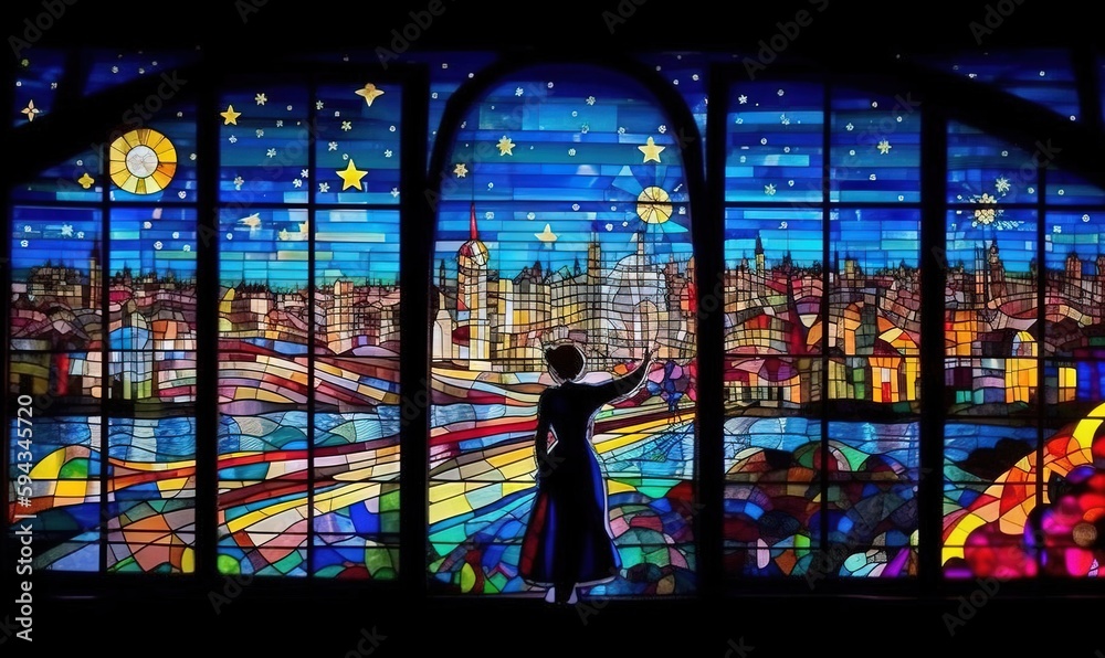 a person standing in front of a stained glass window with a view of a ...