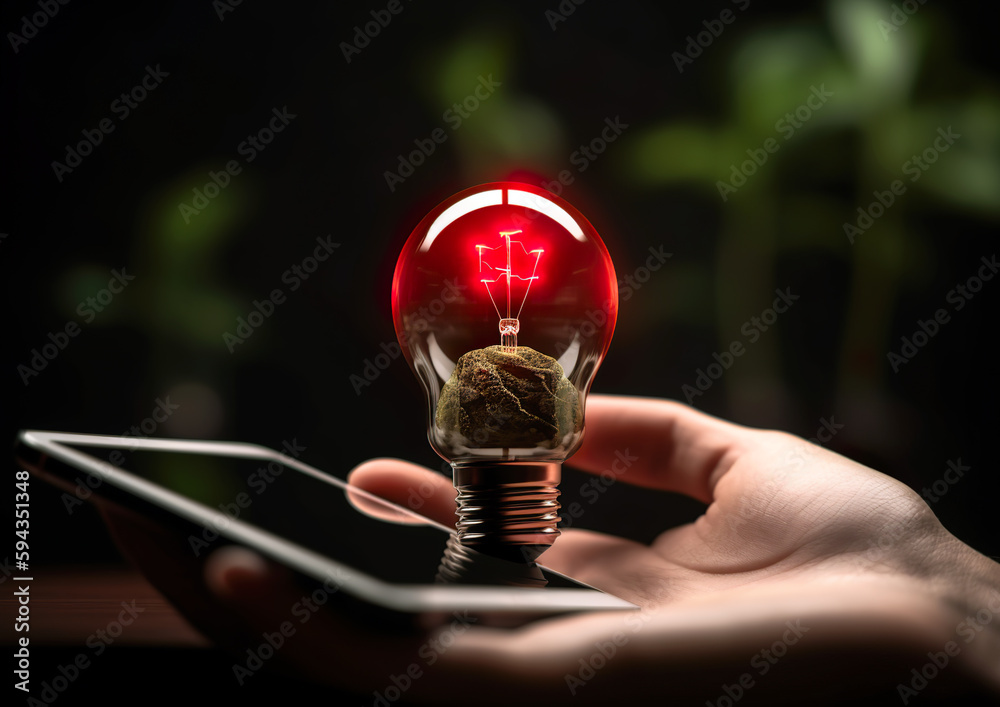 This AI-generated image creatively depicts a glowing red light bulb ...