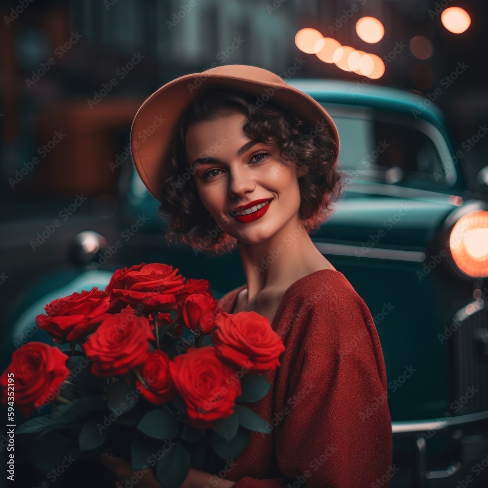 Beautiful smiling woman with a retro clothing style is holding a ...