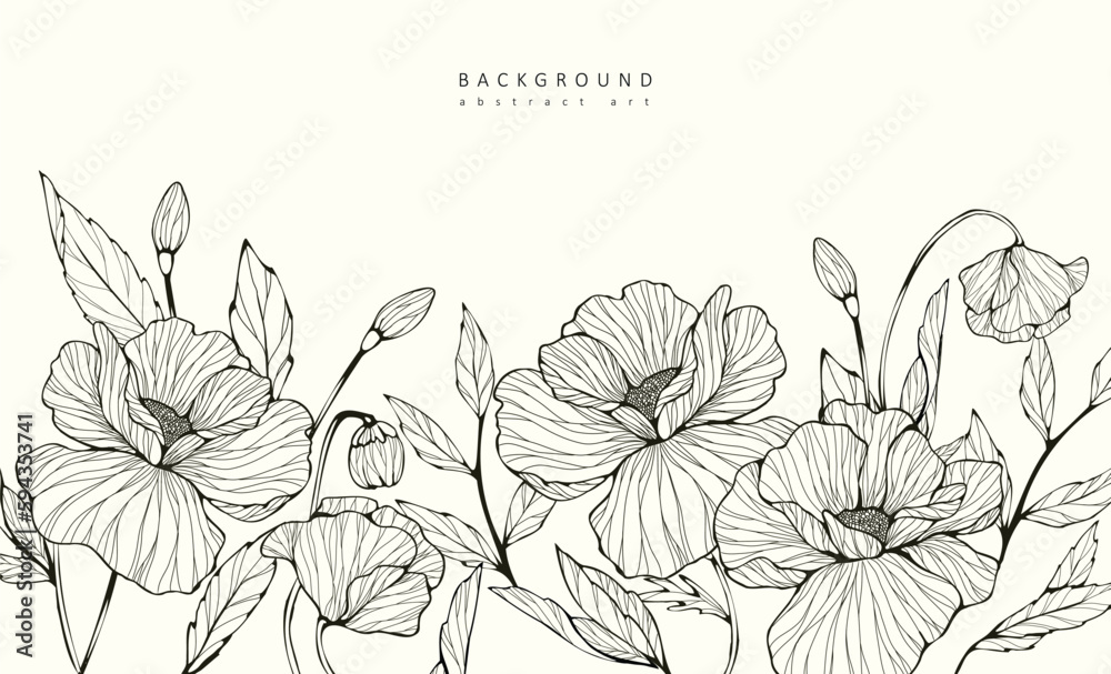 Luxury botanical background with trendy greenery and poppy flower ...