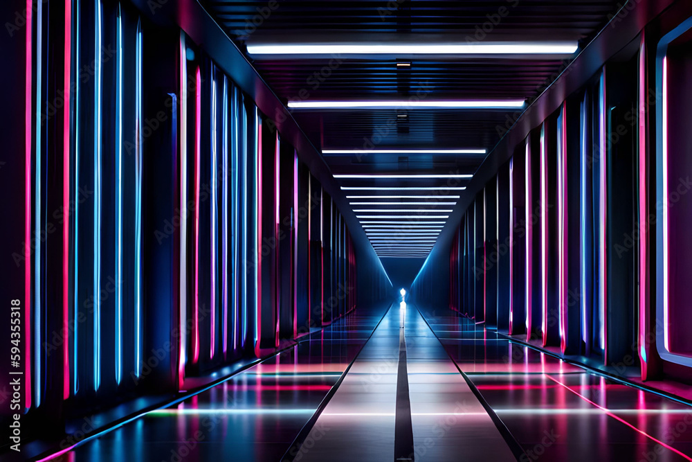 A hallway with lights on the ceiling and a blue and pink light on the ...