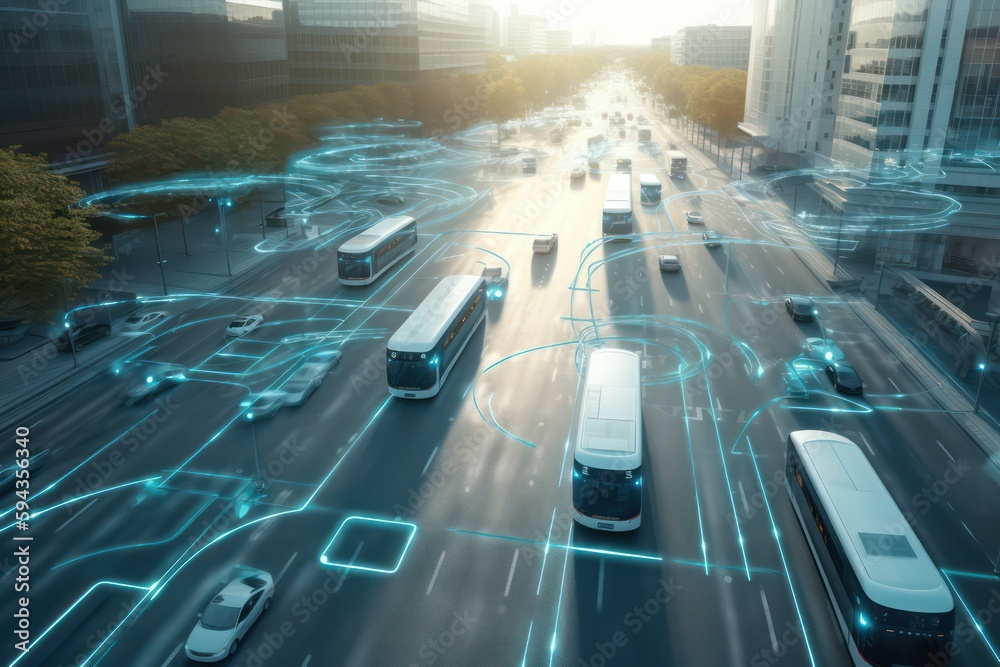 Overhead view of roads in a futuristic city with autonomous vehicles, overlay vehicle tracking ...