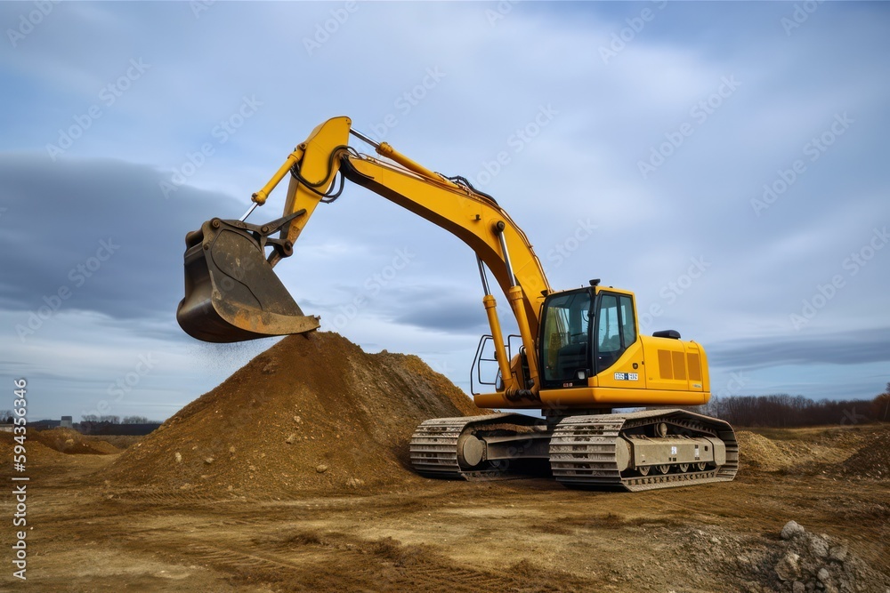 Excavator moving soil, digging ground at construction site, powerful ...