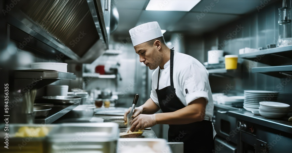 Candid photo of a young male chef preparing food in a restaurant ...