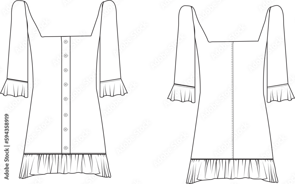 frilly dress flat drawing fashion technical drawing fashion cad ...