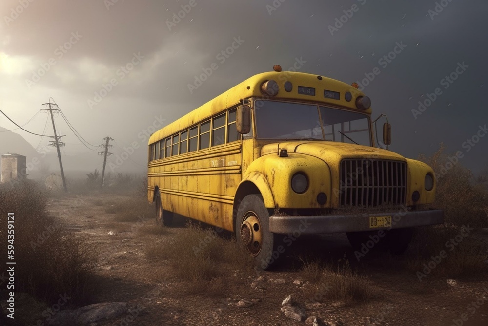 Abandoned yellow school bus in an apocalyptic landscape. Post ...