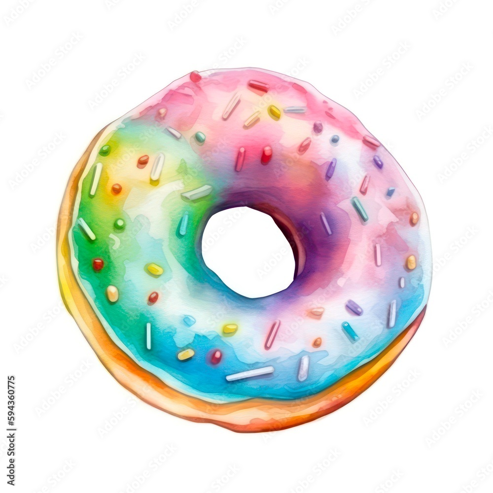 Watercolor illustration of a rainbow colored donut isolated on white ...