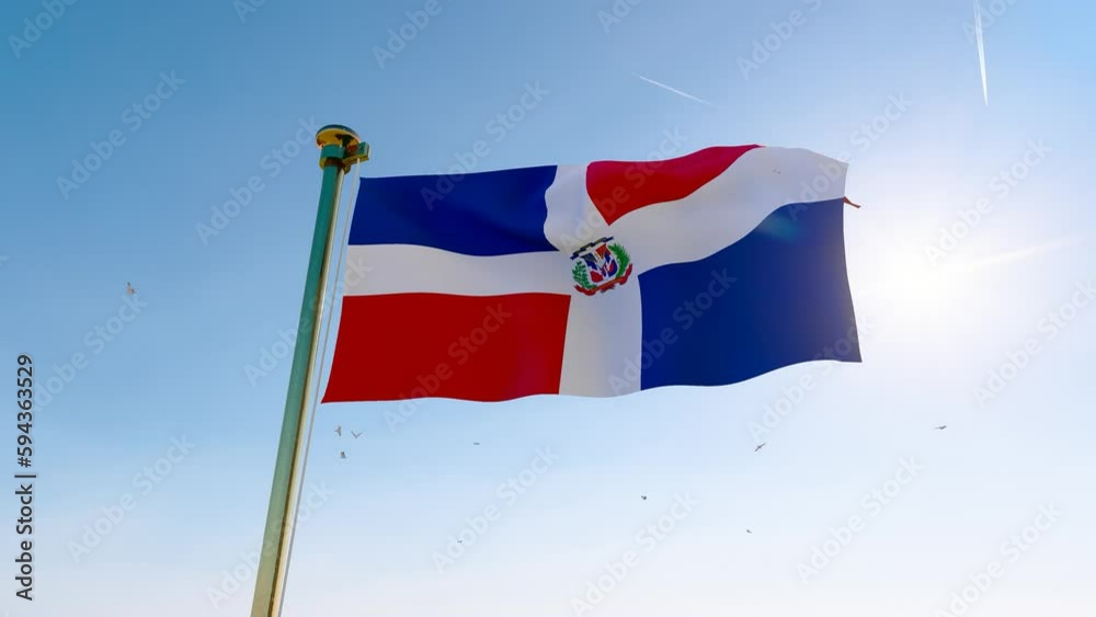 Flag of dominican republic waving in the wind, sky and sun background ...
