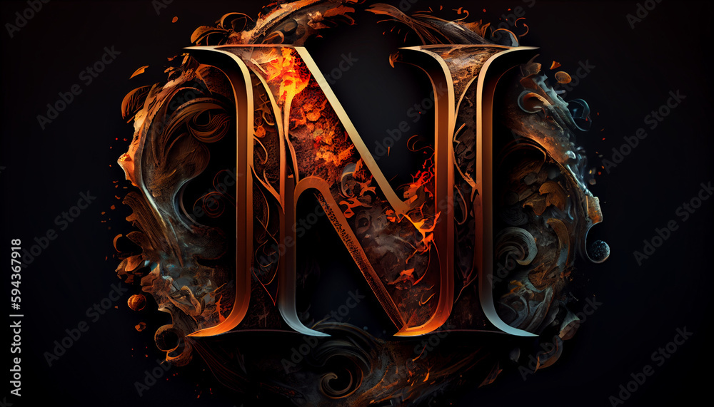 Capital letter N ateampunk alphabet in gold and black colour created ...