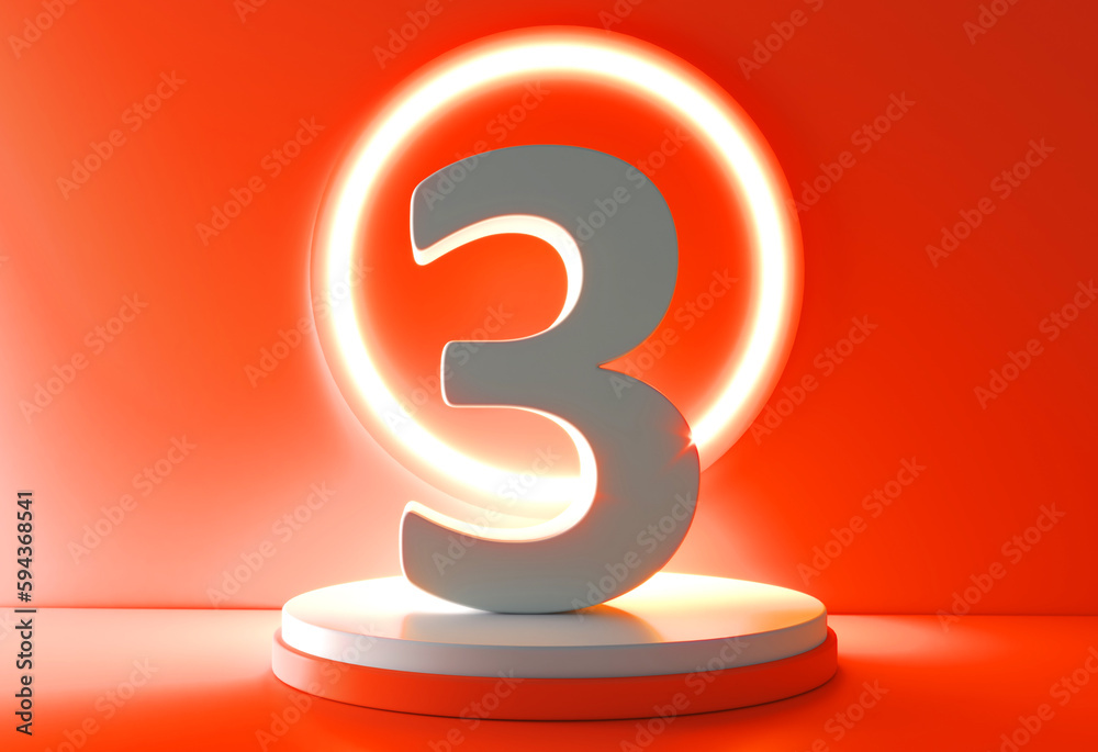 Number 3 in white on light orange background, three number isolated 3d ...