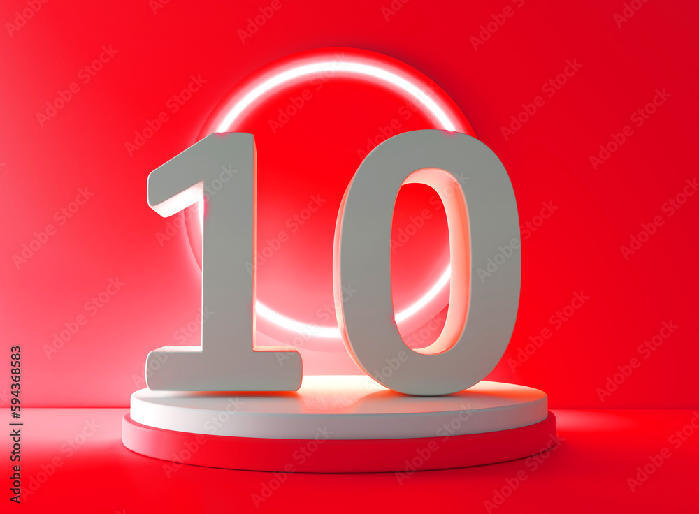 10 number 3D text. Ten Number red background, 3d rendering. Number 10 ...