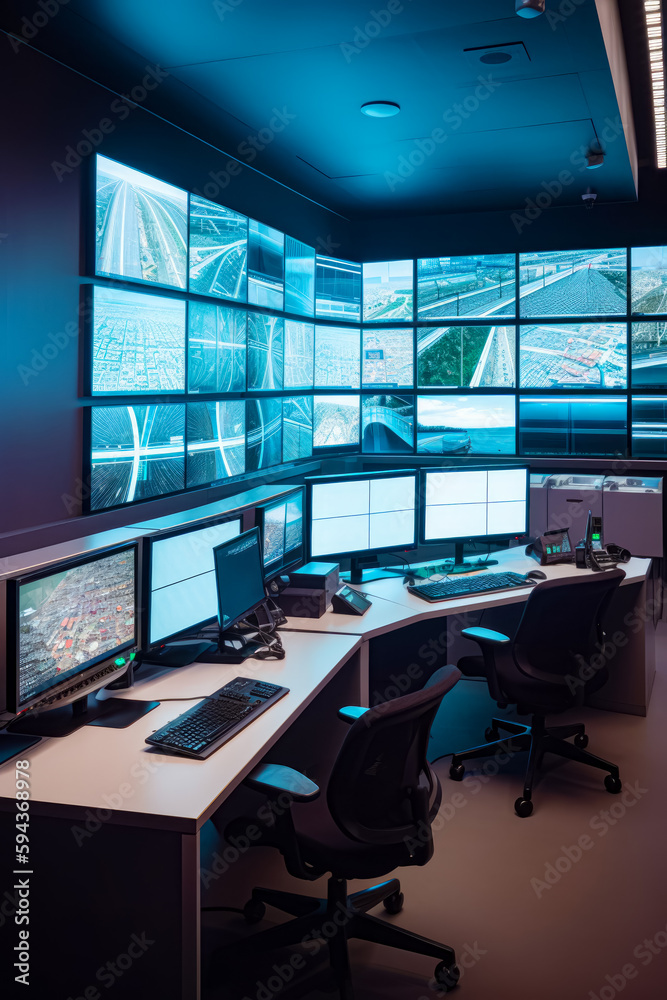 Control room with multiple monitors and keyboard on desk in front of ...