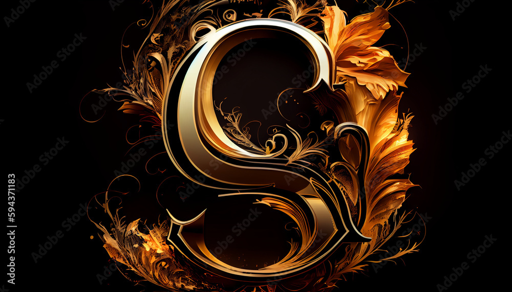 Capital letter S ateampunk alphabet in gold and black colour created with generative Ai ...