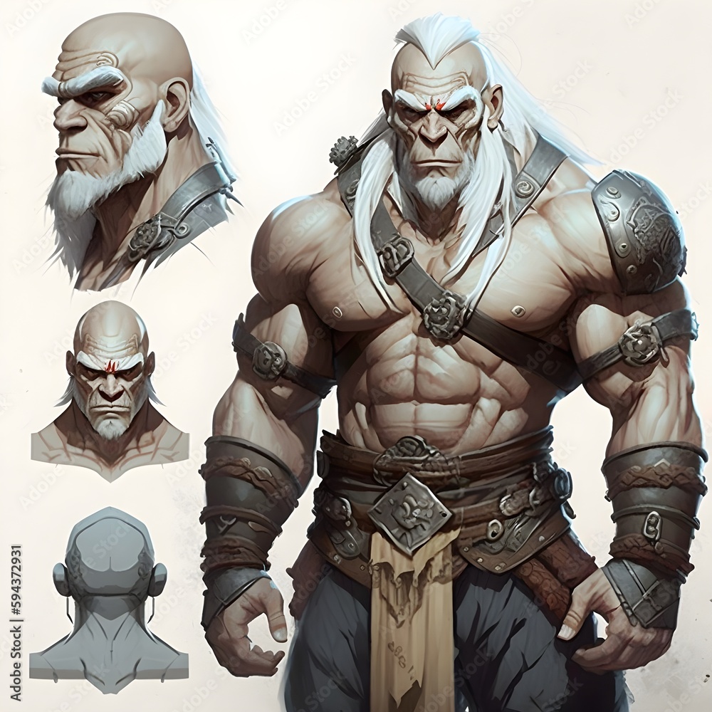 ape headed muscular man with white hair no beard and pale skin wearing ...