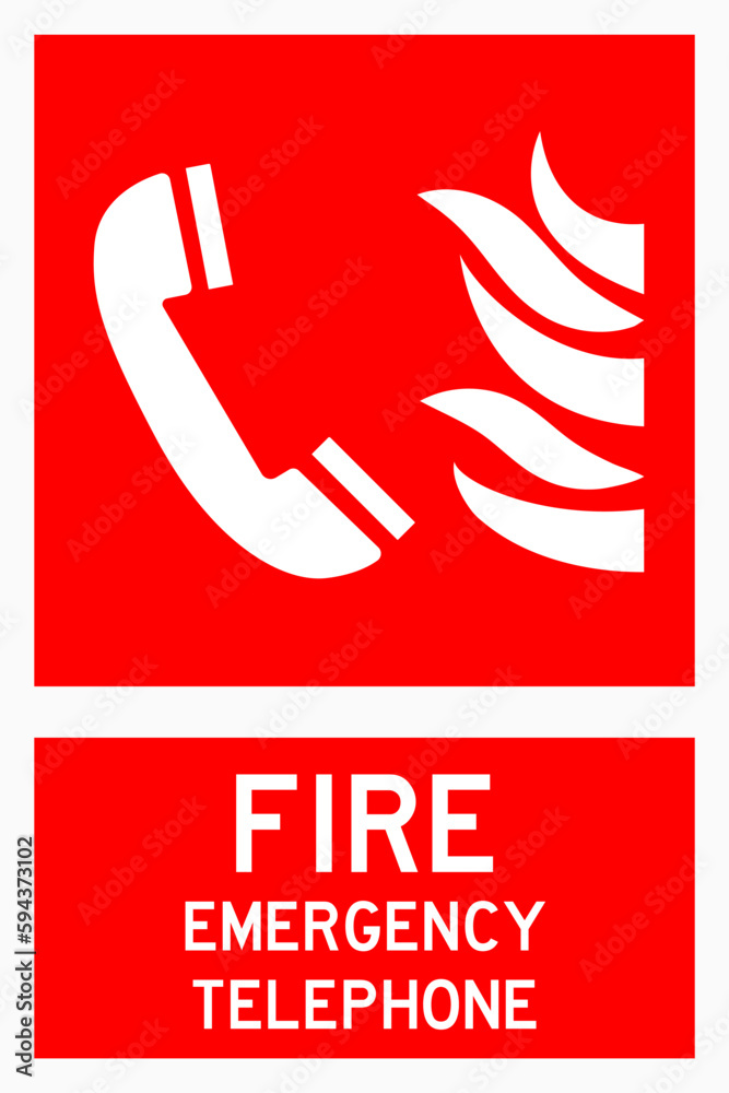 isolated emergency telephone, fire safety symbols on red rectangle ...