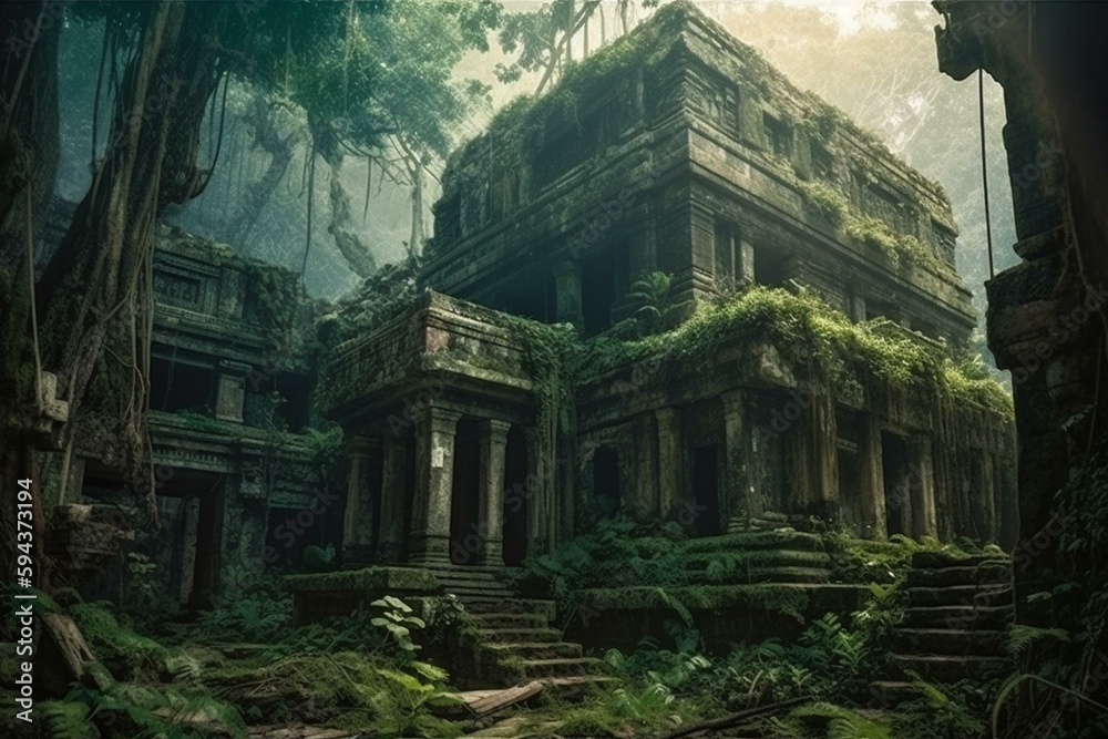 Digital concept art of an ancient abandoned palace in the jungle ...