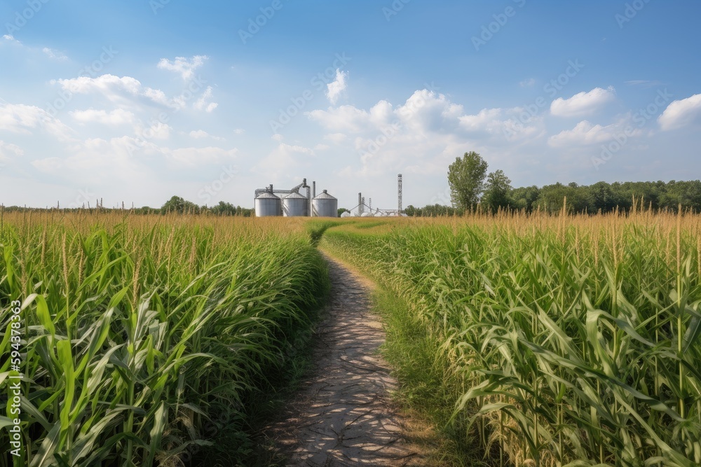 bioenergy plant, with rows of crops being grown for biomass and biofuel ...