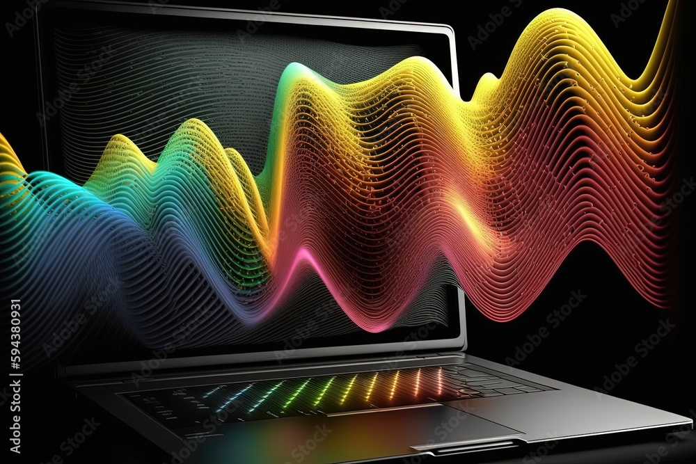 A laptop with sound waves coming out of it created with Generative AI ...
