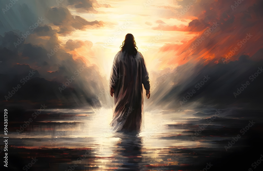 Back view Jesus Christ walking on water with sun light. Biblical Series ...