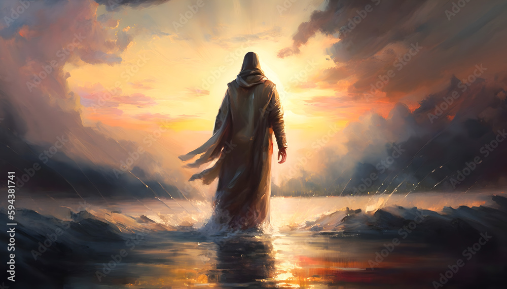 Back view Jesus Christ walking on water with sun light. Biblical Series ...