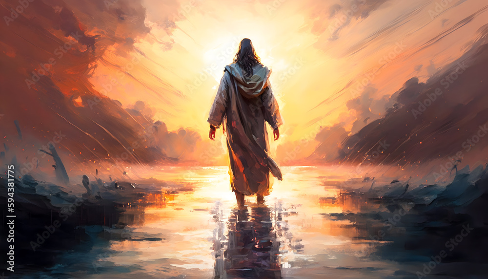 Back view Jesus Christ walking on water with sun light. Biblical Series ...