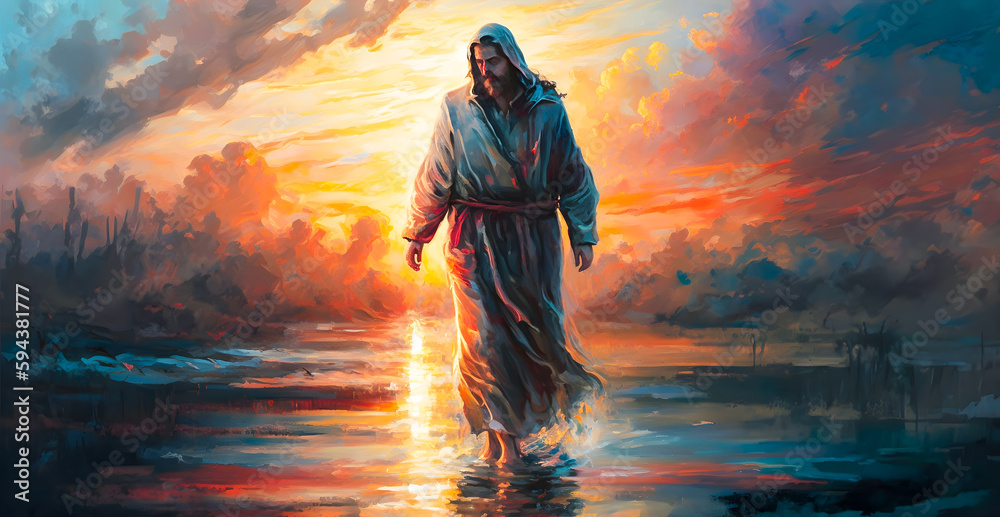 Back view Jesus Christ walking on water with sun light. Biblical Series ...