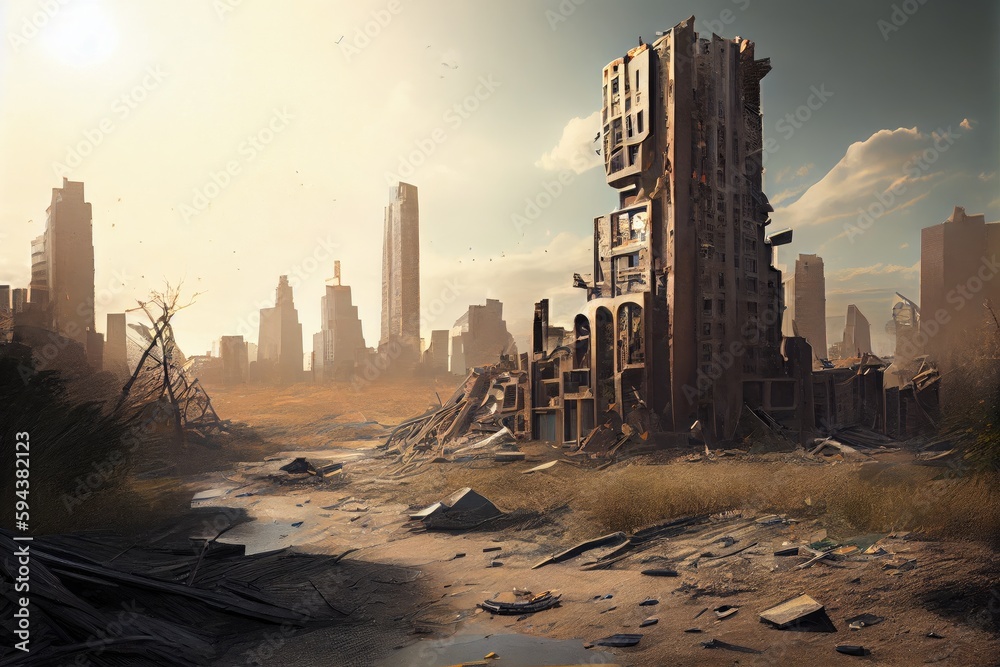 postapocalyptic city, with view of the remains of a once-thriving ...