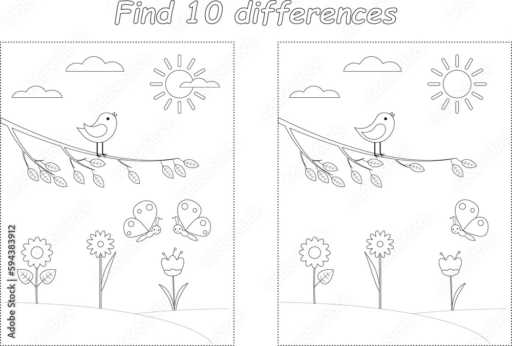 Game for kids. Find 10 differences. Black and white illustration ...