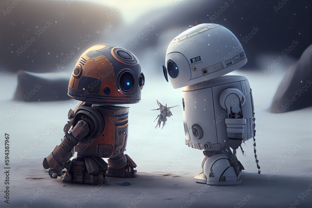 two robots, one with a friendly and warm exterior and the other sleek ...