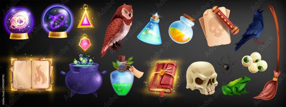 3D magic witchcraft game icon set, vector wizard Halloween cartoon ...