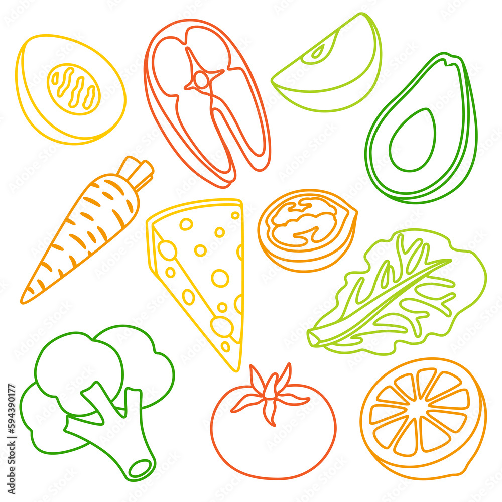 Set of healthy eating and diet meal icons. Fruits, vegetables and ...