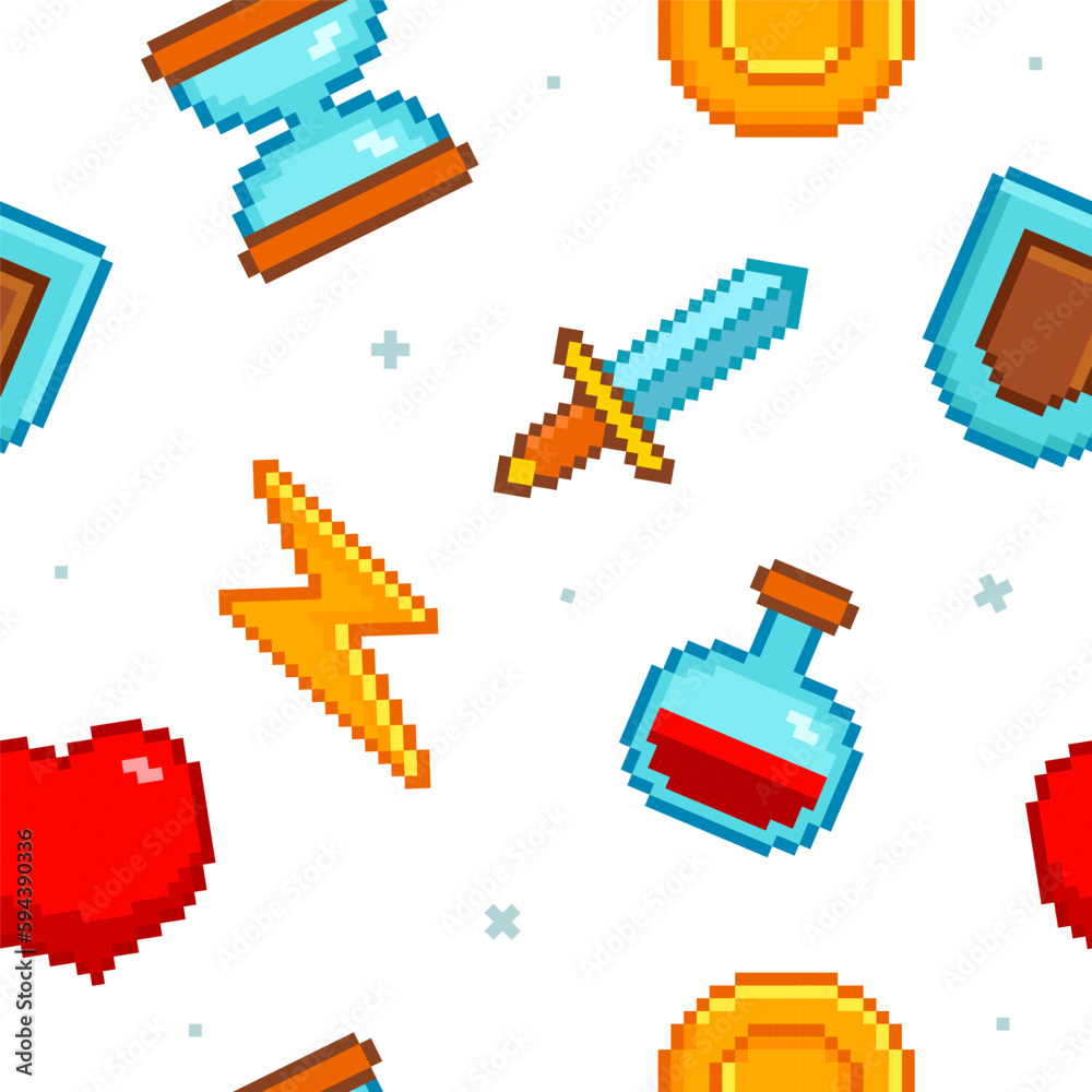 8-bit Game icons vector seamless pattern background. Pixel icons in ... 8-bit Game icons vector seamless pattern background. Pixel icons in ...
