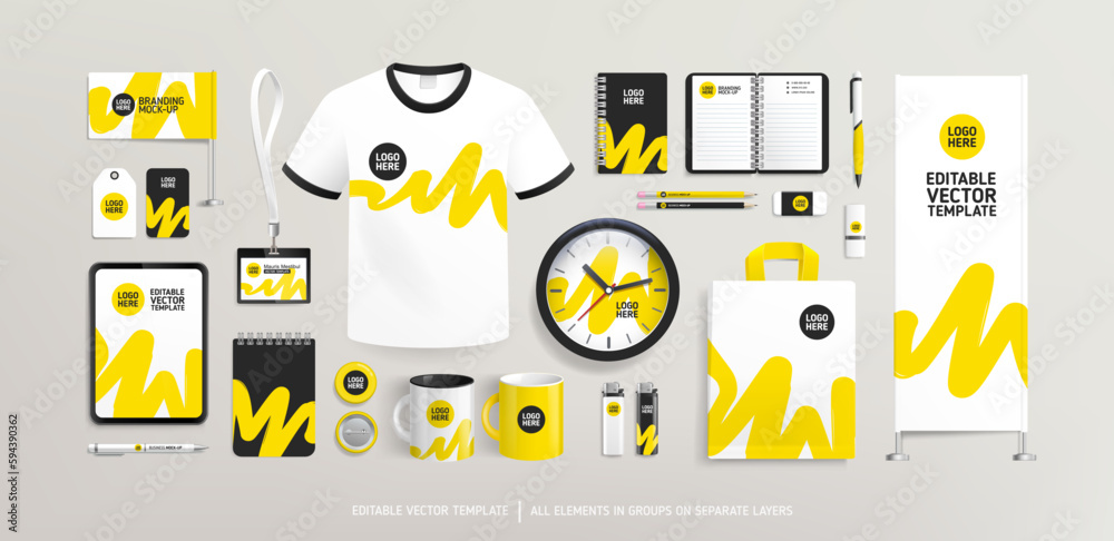 Promotional souvenirs with yellow Brand Identity design concept on ...