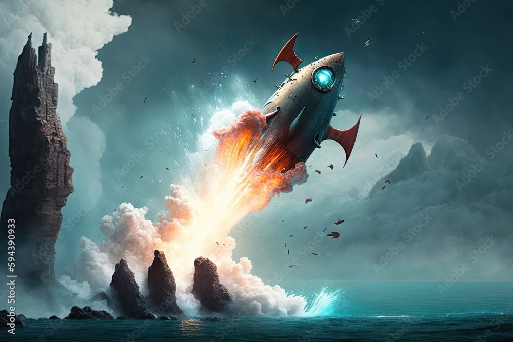 rocket jumping from cliff into the ocean below, with spray flying in ...