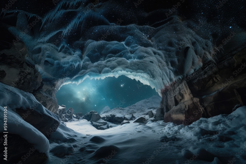 Poster frozen cavern, with view of vast and starry sky, highlighting ...