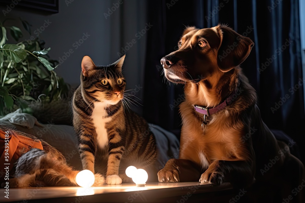 scene of cat and dog responding to emergency at night, with lights ...
