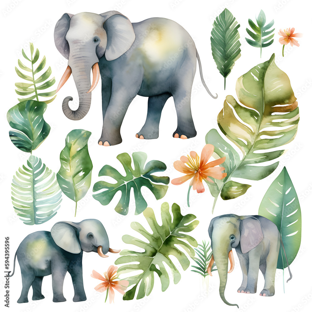 Watercolor Aquarell Elephant, Jungle Animal Illustration Clip Art ...
